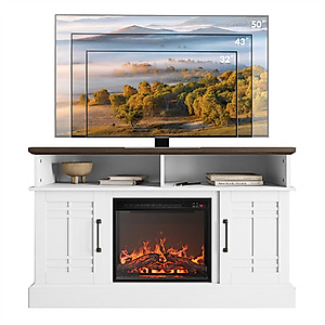 BELLEZE 48" TV Stand with 18" Electric Fireplace Heater, Modern TV Stand for TVs up to 50", Entertainment Media Stand with Open Shelves and Storage Cabinets for Living Room, Bedroom (White)
