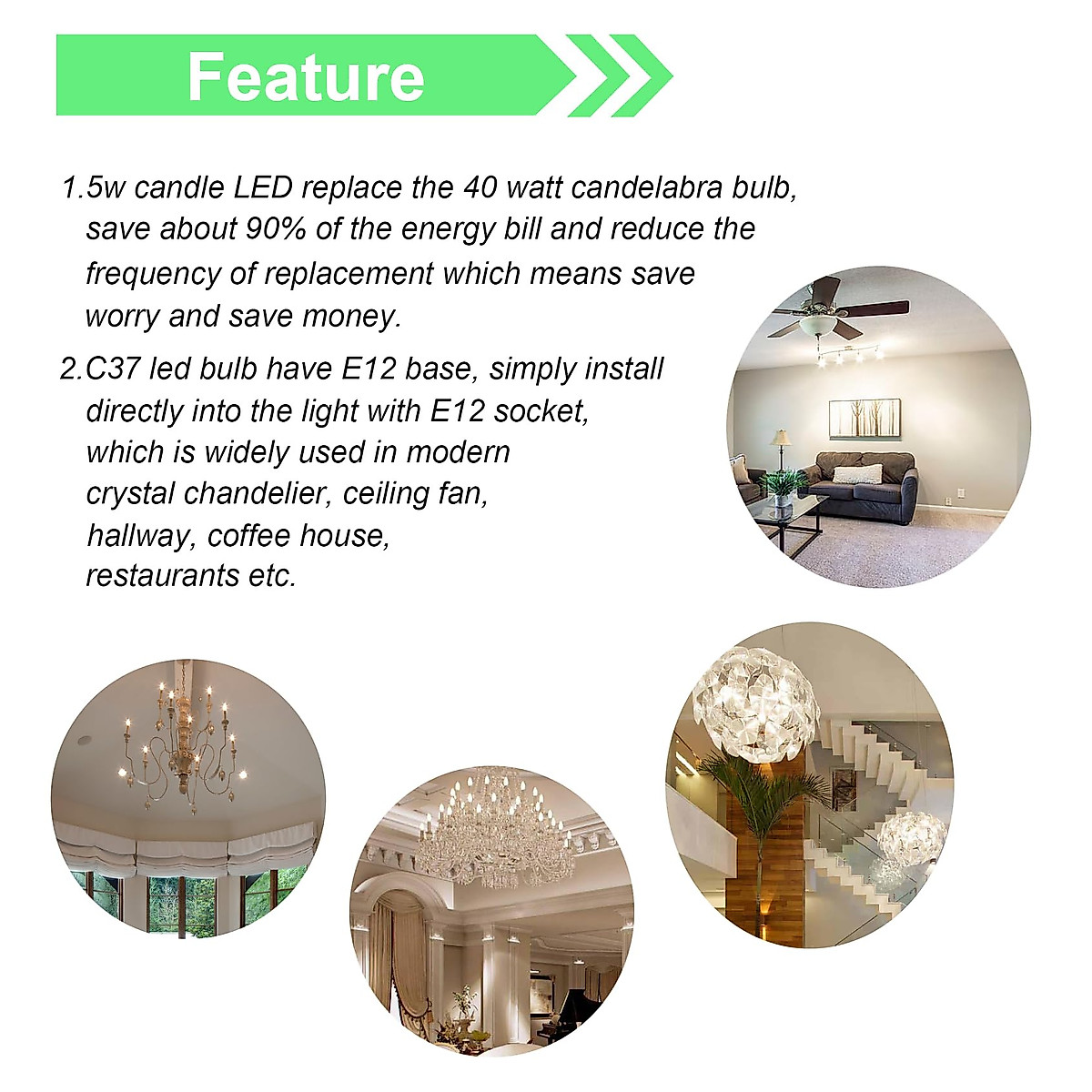 E12 Candelabra LED Light Bulbs - Equivalent 40W Candle Bulbs, 5W LED Chandelier Light Bulbs, B11 & C37 E12 LED Bulb Daylight (5000K), 450 Lumens, Pack of 12