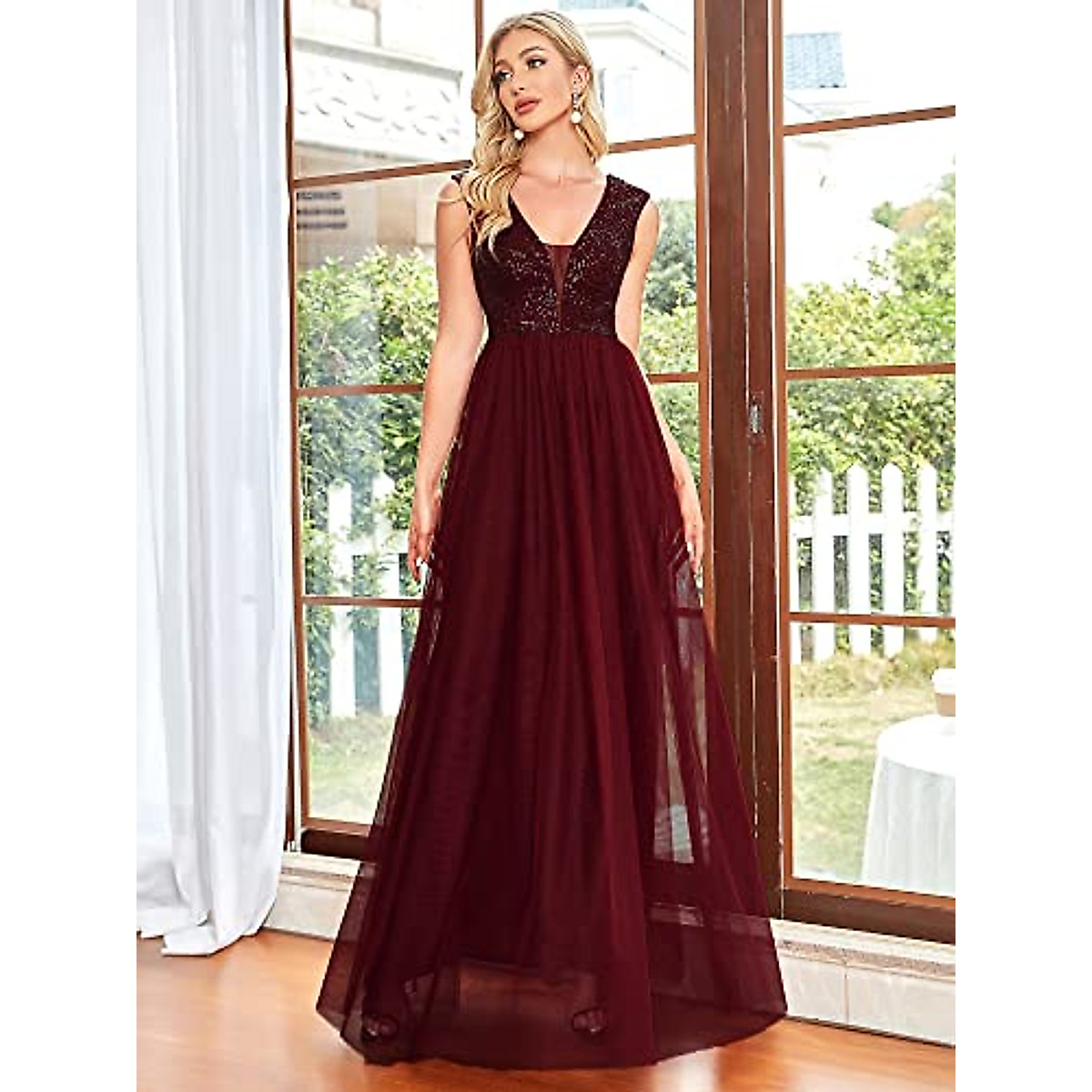 Ever-Pretty Women's Long Glitter A-line Tulle Formal Wedding Party Dress for Women Burgundy US14