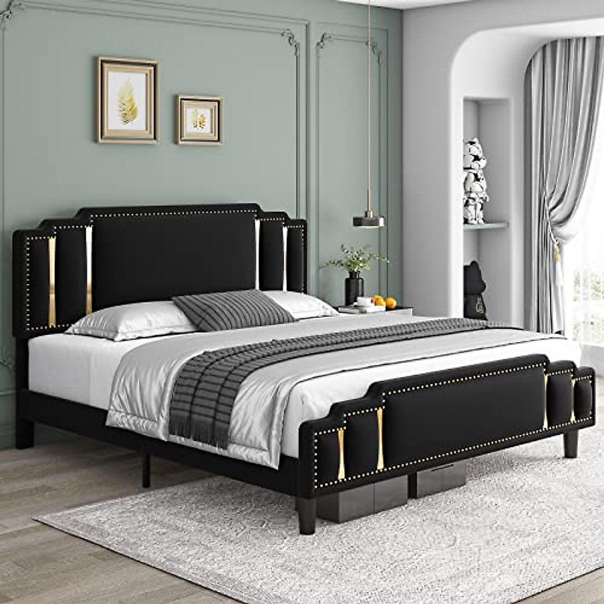 HIFIT Queen Size Modern Velvet Upholstered Bed Frame with Adjustable Headboard, Studded with Golden Iron Slice & Rivets, Platform Bed Frame with No Noise, No Box Spring Needed, Easy Assembly, Black
