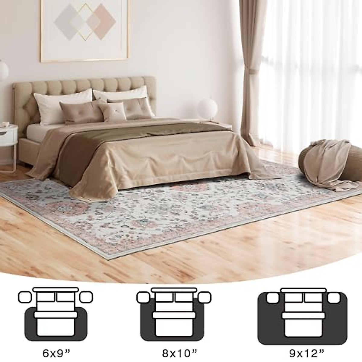 Mcadore 8x10 Area Rugs Washable Boho Rug, Non Slip Carpet for Living Room, Bedroom, Kitchen, Soft Low-Pile Rug, Beige/Floral