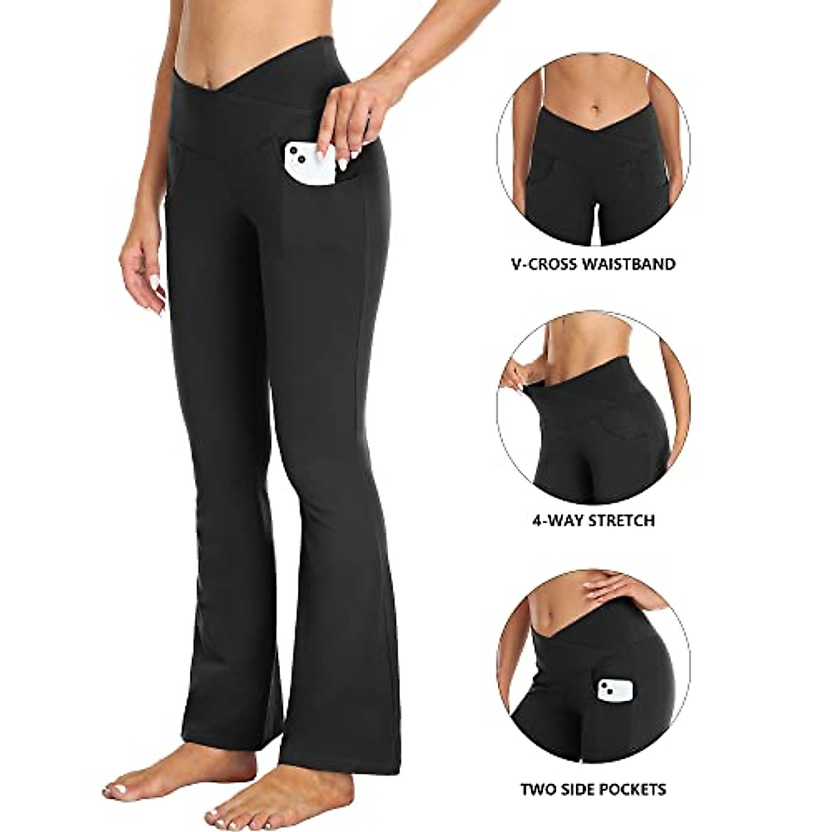 Women's V Crossover Flare Leggings with Pockets,Bootcut High Waisted Yoga Pants Tummy Control Workout Leggings,Black,M