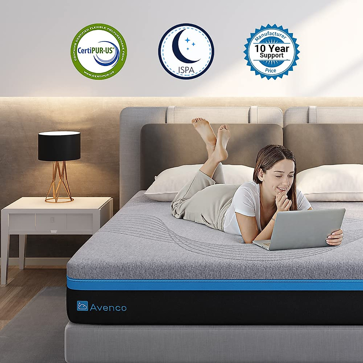 Avenco King Mattress, Grey King Memory Foam Mattress, 10 Inch King Size Mattress in a Box with Skin-Friendly Cover, 2 Foam Layers for Cooling, Supportive & Pressure Relieving CertiPUR-US Certified