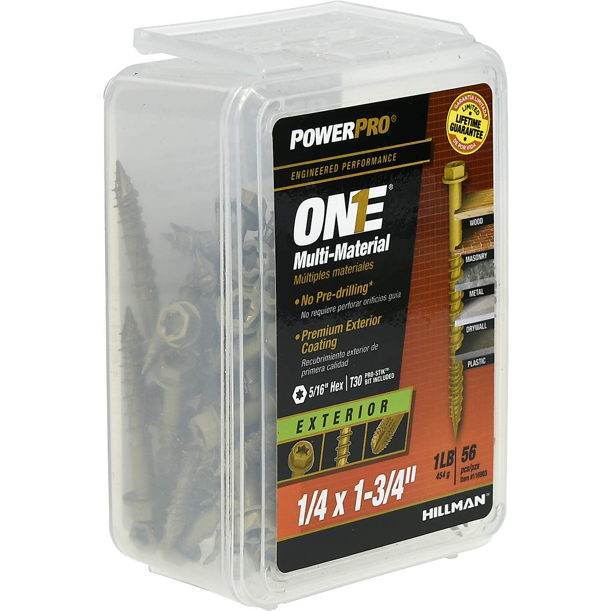 Power Pro Premium One Multi-Material Hex Washer Head Screws, Epoxy Coated Steel, Fasten in Wood, Metal, Concrete, Drywall and Plastic, Bronze, ¼ x 1-¾ inches, Box of 56 Screws