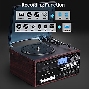 AW Vinyl Record Player with Speakers Turntable for Vinyl Records Stereo System for Home Bluetooth Tape Cassette CD Player Retro All in 1 AM/FM Radio