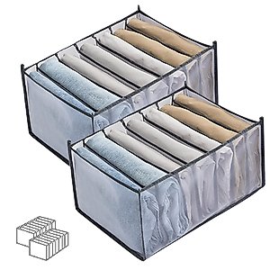 PANDOLA 2 Pack 7 Grids Wardrobe Clothes Organizer, Washable Foldable Clothes Organizer for Folded Clothes, Compartment Storage Box Drawer Organizer for T-shirt Legging Skirts Kid Clothes (Gray)