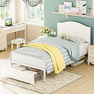 Elephance Twin Bed Frames with Under-Bed Drawer and Headboard, Metal Bed Frame No Box Spring Needed, Noise Free, Easy Assembly