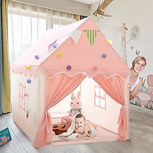 Princess Castle Play Tent for Kids, 100% Natural Fabric Extra Large Foldable Fairy Pink Tent for Girls, Playhouse with Lights and Flags for Children Indoor & Outdoor by WOOD CITY (52"x 40"x 47")