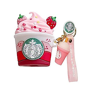 Airpods Case,3D Cute Funny Cool Kawaii Fashion Ice Cream Cup Airpods Case,Soft Silicone Skin Cover Shock-Absorbing Protective Case with Keychain for Airpods 2 & 1 Charging Case (Red Strawberry)