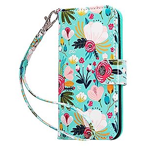 ULAK Compatible with iPhone 12 Mini Wallet Case with Card Holders for Women, Designed PU Leather Flip Wallet with Kickstand Card Slot, Protective Phone Cover for iPhone 12 Mini, 5.4inch, Mint Flower
