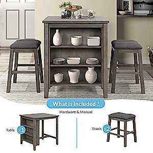 3-Piece Dining Room Table Set, Bar Pub Table Set with Storage Shelf, Industrial Style Counter Height Kitchen Table with 2 Backless Barstools for Dining Area (Gray)