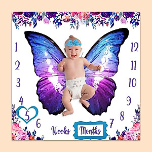 PHMOJEN Baby Monthly Milestone Blanket, Colorful Butterfly Wings Flowers Blanket for Nursery, Girl 1-12 Months, Includes 4 Frame and 1 Headband 40"x40" BTLSPH432
