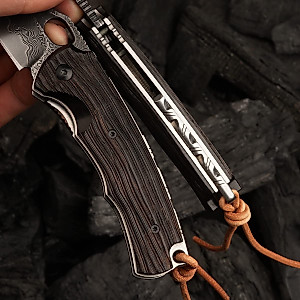 SPIRIT DEED Folding Knife 3in Handmade VG 10 Damascus Steel Knife Pocket Knife, Leather Case, Ebony Handle, with Padded Lock, Suitable for Outdoor Camping Fishing and Carrying Knives