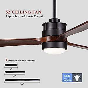 EKIZNSN 3 Blade Wood Ceiling Fans with Lights, 50'' Outdoor Indoor Ceiling Fan for Bedroom/Farmhouse/Patios, 3 Downrod Included