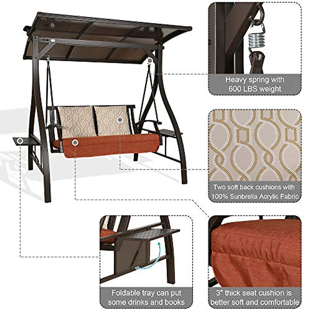 Iwicker Patio 2-Seat Deluxe Porch Swing with Sunbrella Cushions, Outdoor Swing Chair with Solar Light and Convertible Board Canopy