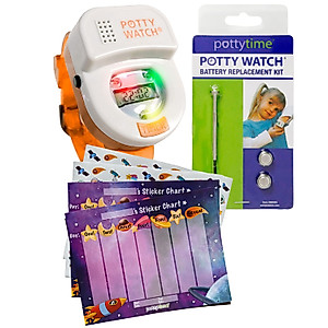 Potty Time:The Original Potty Watch|Water Resistant,Toilet Training Aid,Warranty(30|60|90 Min Auto Timers w/Music & Flashing Lights for Fun & Gentle Reminders) Orange, Space Sticker Chart+Battery Kit