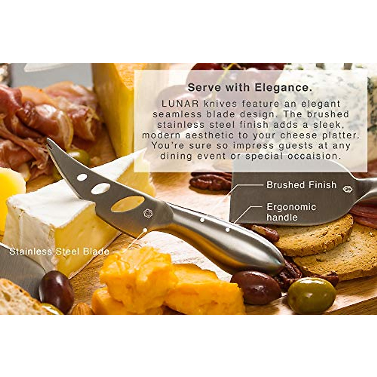 ICOSA Living Lunar 6-Piece Cheese Knife Set - Premium Stainless Steel Cheese Knives Collection - Charcuterie Board Accessories Gift Ready w/ 15 Festive Recipes