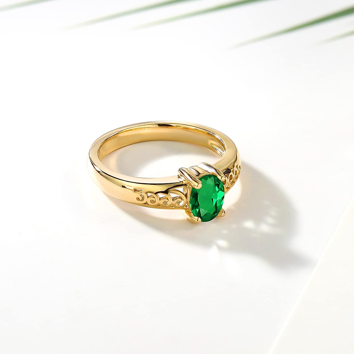 Gem Stone King 0.60 Ct Oval Green Simulated Emerald 18K Yellow Gold Plated Silver Baroque Style Ring (Size 7)