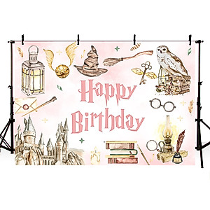 MEHOFOND 7x5ft Wizard Birthday Backdrop for Girls Magical Castle Witch Wizard School Happy Birthday Photography Background Sorcerer Theme Birthday Party Cake Table Decoration Photo Booth Props