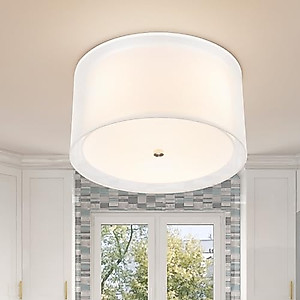 Hamilyeah Modern Drum Ceiling Light Fixture, 12inch Fabric Shade, Flush Mount 2 Bulb, Dimmable, Close to Ceiling, Bathroom Kitchen Bedroom Lighting