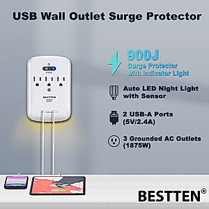BESTTEN [3 Pack] USB Wall Outlet Surge Protector, 2.4A Dual USB Ports, 3 AC Outlets, 900 Joule Surge Suppression Rating, LED Night Light, ETL Listed