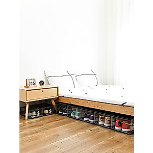 kicksluoplug KM,Shoe Storage Box,Arc-Shaped Safe Plastic box, Set of 4,Shoe Organizer for Display Sneakers,Stackable Clear box,Fit up to US Size 12(13.4inx 9.84inx 7.1in) (Black)