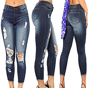 Andongnywell Women's Stretchy Ripped Hole Skinny Jeans Butt Lifting Distressed Denim Pants with Pockets Trousers Blue