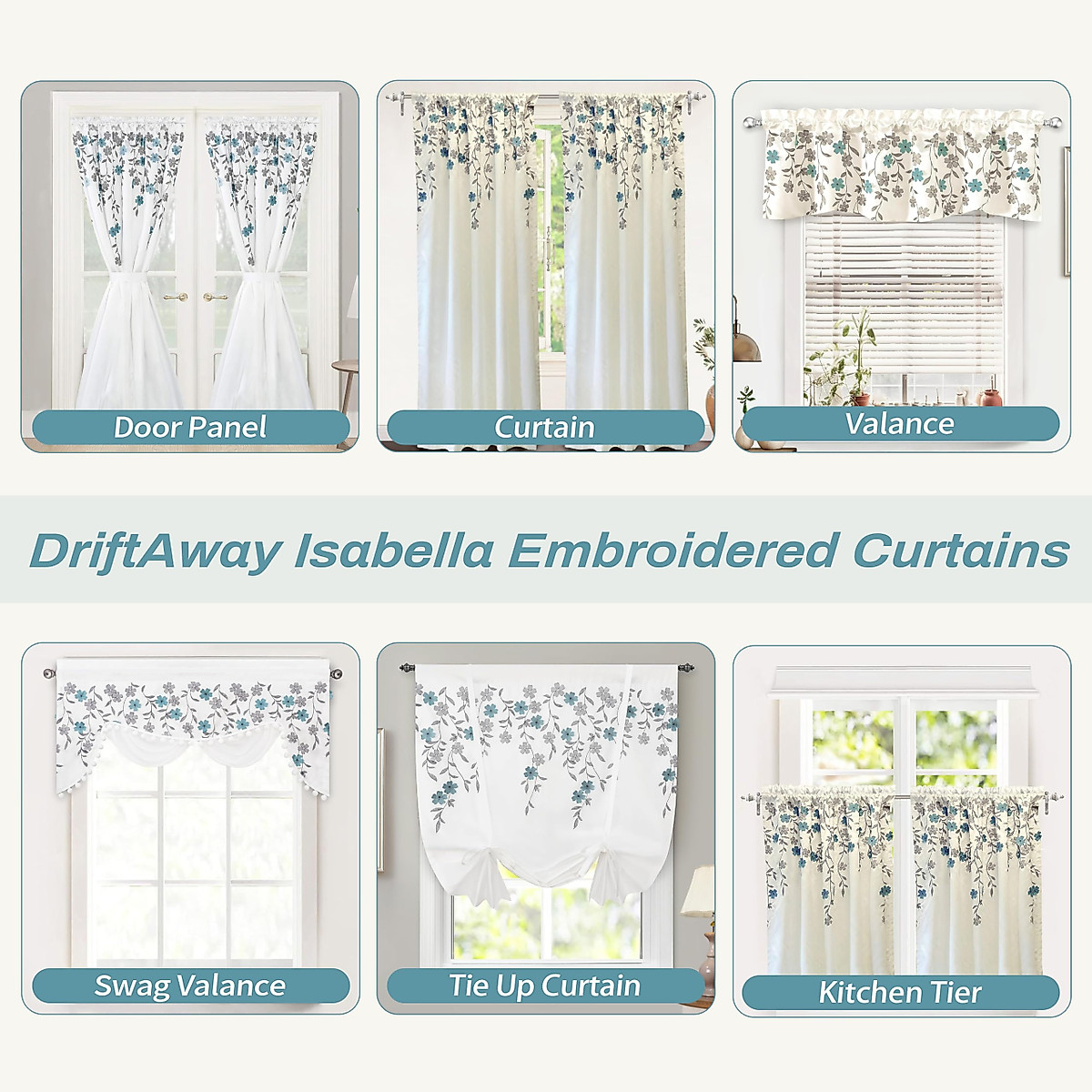 DriftAway Isabella Faux Silk Embroidered Kitchen Swag Valance Embroidered Crafted Flower 2 Pack 60 Inch by 18 Inch Plus 1.5 Inch Header Ivory Blue
