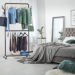 Simple Houseware Double Rod Garment Rack With Wheels and Hooks, Black