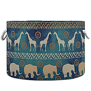visesunny African Tribal Ethnic Elephant And Deer Collapsible Large Capacity Basket Storage Bin with Durable Cotton Handles, Home Organizer Solution for Office, Bedroom, Closet, Toys, Laundry