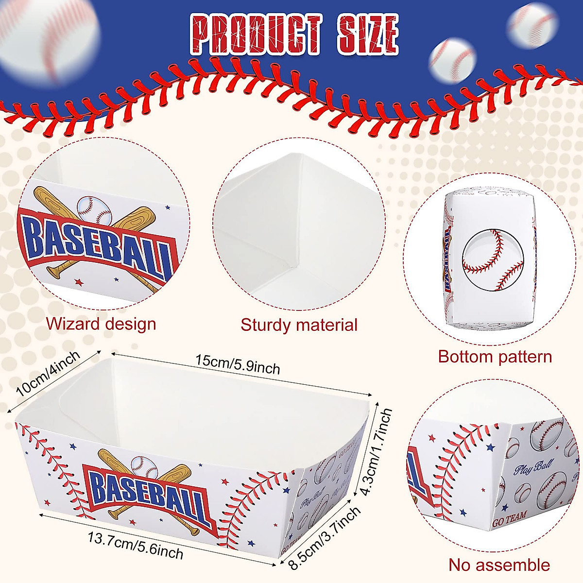 Junkin 100 Pcs 2 lb Football Baseball Paper Bowl Football Food Trays Football Birthday Decor for Party Supplies (Baseball Style)