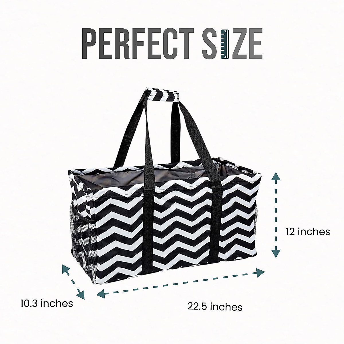 Lucazzi Extra Large Utility Tote Bag - Oversized Collapsible Reusable Wire Frame Rectangular Canvas Basket With Two Exterior Pockets For Beach, Pool, Laundry, Car Trunk, Storage - Chevron Black