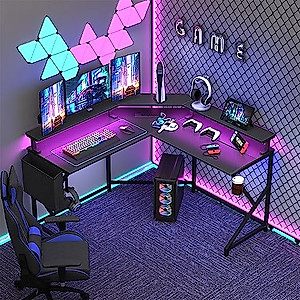 Wonder Comfort L Shaped 51 Inch Computer Desk with LED Lights，Corner Gaming Table Cup Holder Power Outlets/Monitor Stand for Home Office, Black