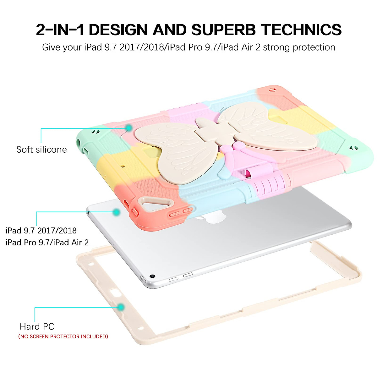 VENINGO iPad Air 2 & iPad 9.7 2017/2018 & iPad Pro 9.7 Case, iPad 5th/6th Generation Case, 2 in 1 Rugged Full Body Shockproof Protective Girls Women Tablet Cover with Stand Pen Holder, Colorful Pink