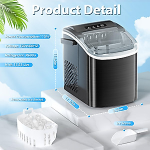 Countertop Ice Maker Antarctic Star Portable Ice Machine with Handle,Self-Cleaning Ice Makers, 26Lbs/24H, 9 Ice Cubes/6 Mins for Home Kitchen Bar Party, Stainless Steel Black