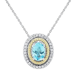 Atharv Collection 1 CT Oval Cut Created Blue Aquamarine Halo Pendant Necklace 14k Two Tone Gold Finish