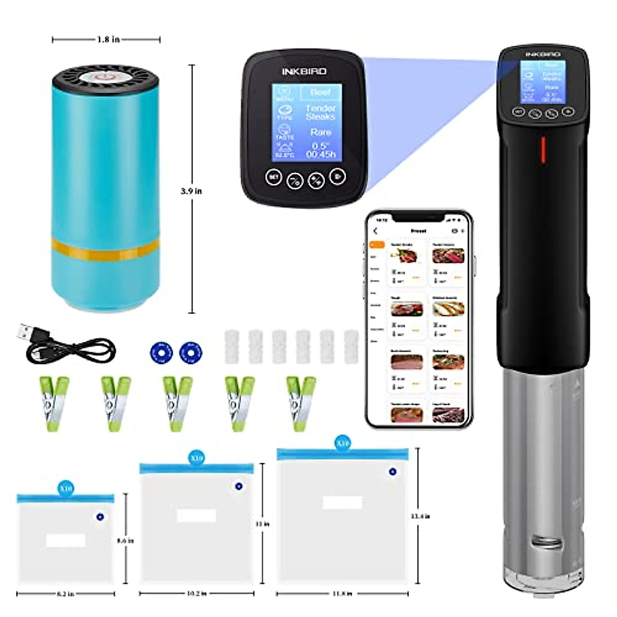 Inkbird WIFI Sous Vide Precision Cooker & 44PCS Electric Vacuum Sealer Sous Vide Kits|Recipes on APP and 1000W Sous Vide Machine| Sous Vide Starter Kits with 30PCS Sous Vide Bags Electric Pump Clips