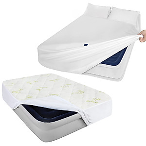 Extra Deep Pocket Queen Sheet Set and Mattress Pad Cover, Cooling Quilted Mattress Topper fits 16-24 Inches Deep Mattresses