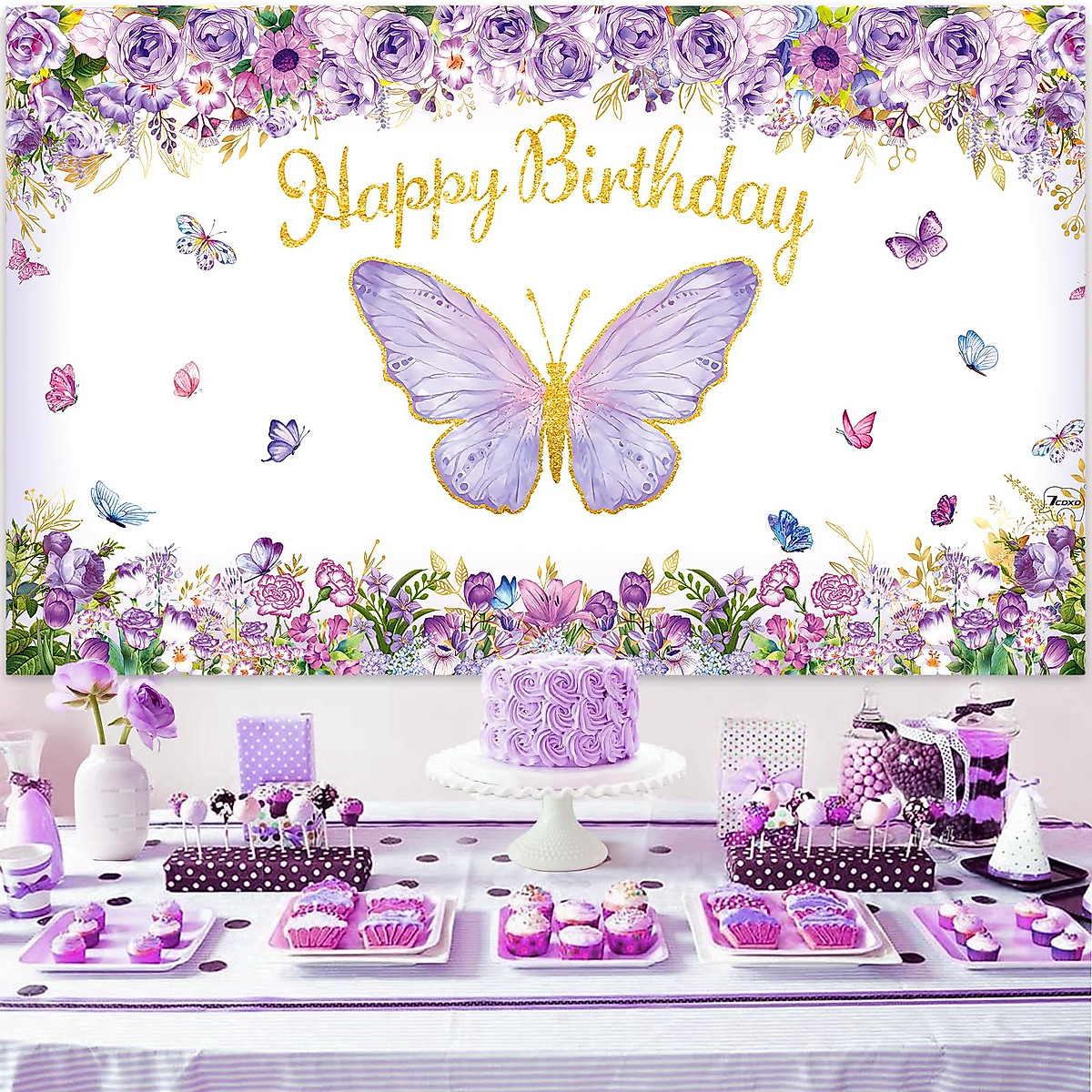 Butterfly Party Decorations, Girls Birthday Themes Decorations with Purple Balloon Arch Kit Butterfly Photography Backdrop Banner and Tablecloth for Girls Women Butterfly Birthday Decor
