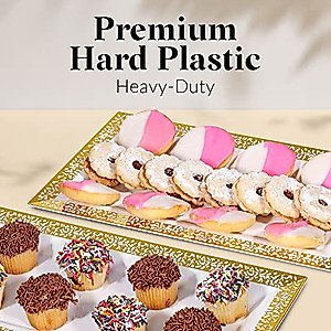 10-Pack Disposable Serving Trays - Decorative Plastic Serving Trays and Platters for Dessert Table, Buffet, Parties, Weddings, and Any Occasion - White with Gold Lace Rim, 7.5 x 14 Inches