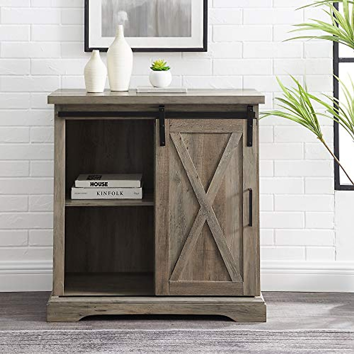 Walker Edison Abbey Modern Farmhouse Sliding X Barn Door Accent Console, 32 Inch, Grey Wash