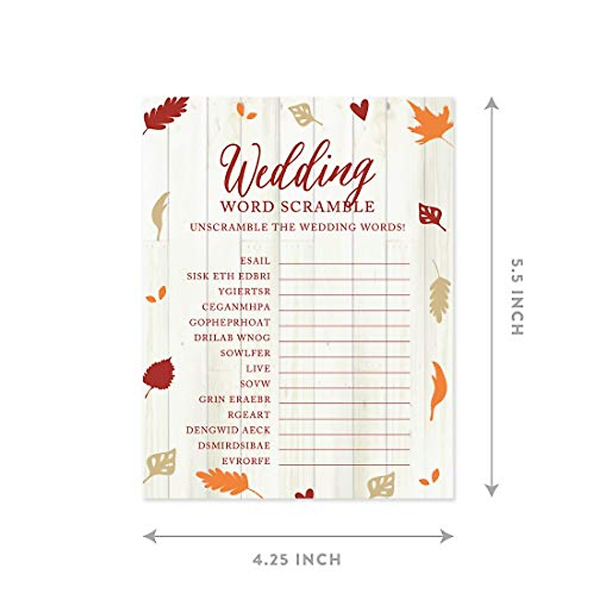 Andaz Press Fallin' in Love Autumn Fall Leaves Wedding Party Collection, Wedding Word Scramble Bridal Shower Game Cards, 20-Pack