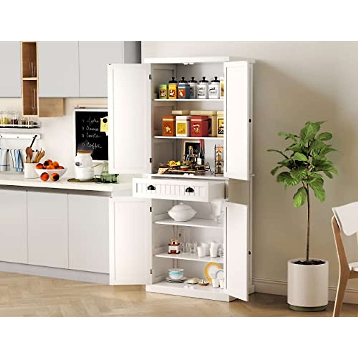 Yusong 72'' Tall Kitchen Pantry Cabinet, Farmhouse Storage Cabinet with 4 Doors, Drawer and Adjustable Shelf, Freestanding Wooden Cupboard Buffet for Home Dining Room Living Room Entryway, White