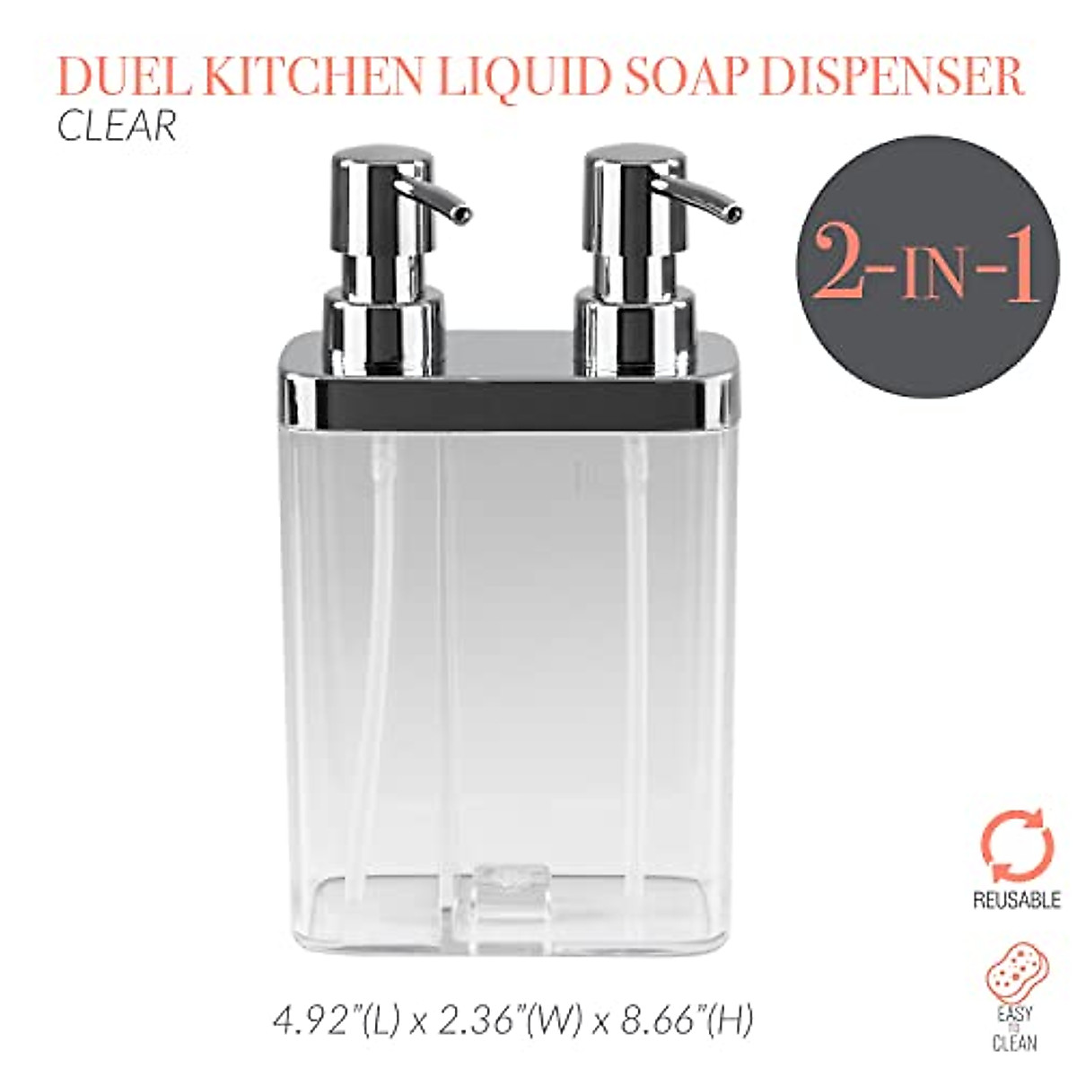 Kitchen Details Dual Pump Soap & Lotion Dispenser | Bathroom and Kitchen Sink | Countertop | Compact Design | Clear