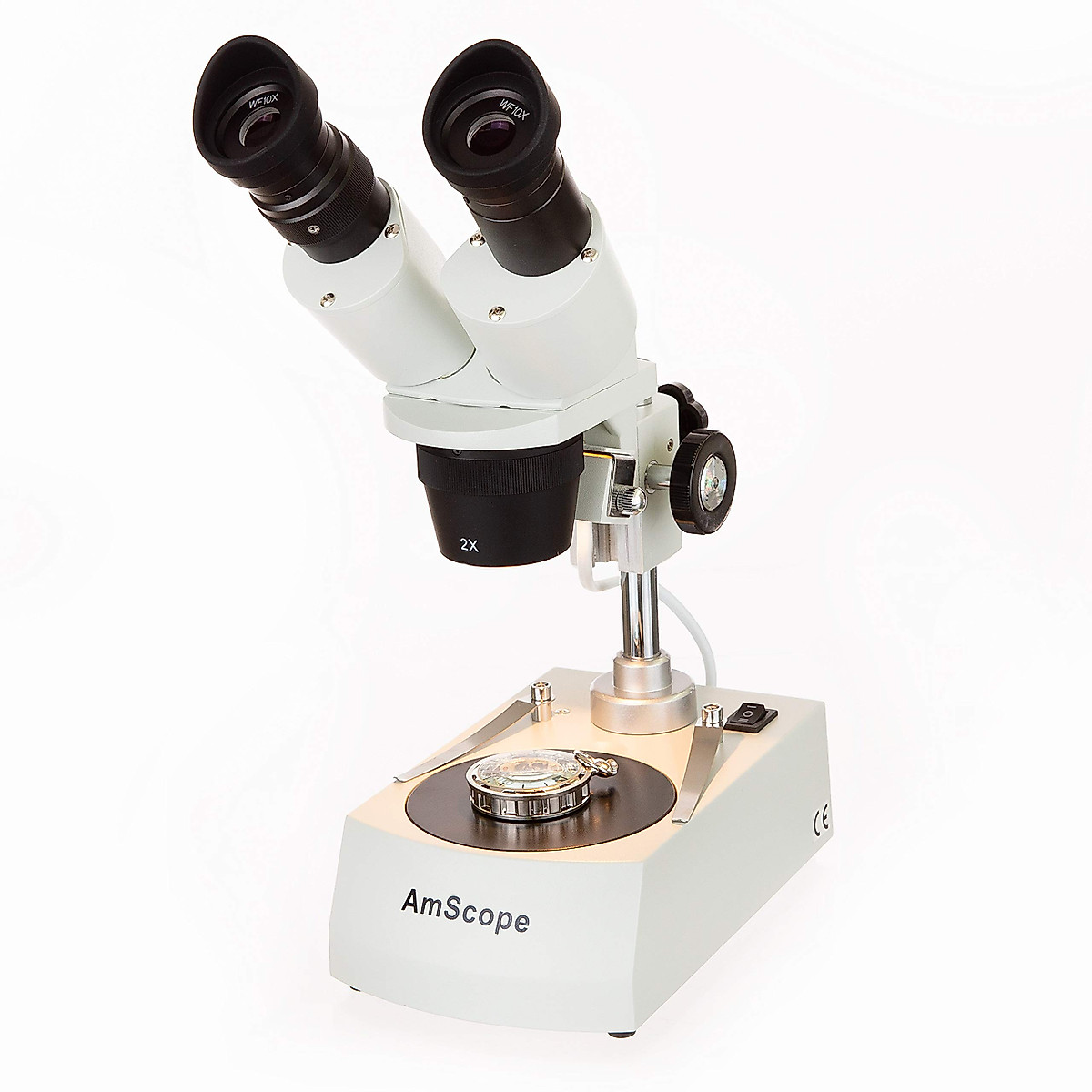 AmScope SE306R-AZ-E1 Digital Forward-Mounted Binocular Stereo Microscope, WF10x and WF20x Eyepieces, 20X/40X/80X Magnification, 2X and 4X Objectives, Upper and Lower Halogen Lighting, Reversible Black/White Stage Plate, Arm Stand, 120V, Includes 1.3MP Cam
