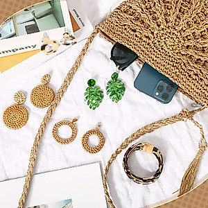 Beach Purse Earrings Set Straw Shoulder Bag Vacation Beach Purse with 4 Rattan Boho Tropical Earrings Leopard Bracelet Kit (Semicircular)