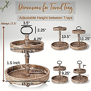Two Tiered Tray Stand - Large 15 Inch Round Premium Farmhouse Tiered Tray with Unique Adjustable Tier Height and Stability Design - Rustic Wooden Tiered Tray - Distressed 2 Tier Tray for Decor