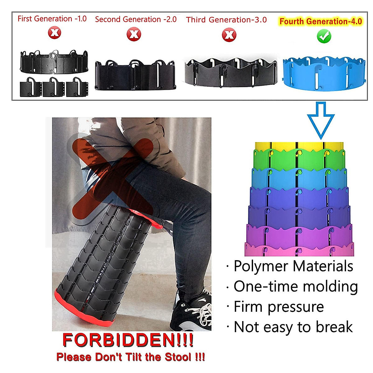 Upgrade 4.0 Portable Retractable Folding Stool, Camping Telescopic Stool, Sturdy Lightweight, Adjustable Collapsible Plastic Step Stool for Fishing Hiking Picnic Outdoor Activities (Blue Black)