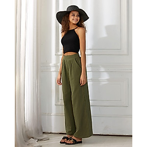 noflik Women's Cotton Smocked High Waist Straight Wide Leg Palazzo Lounge Pants (Olive, L)