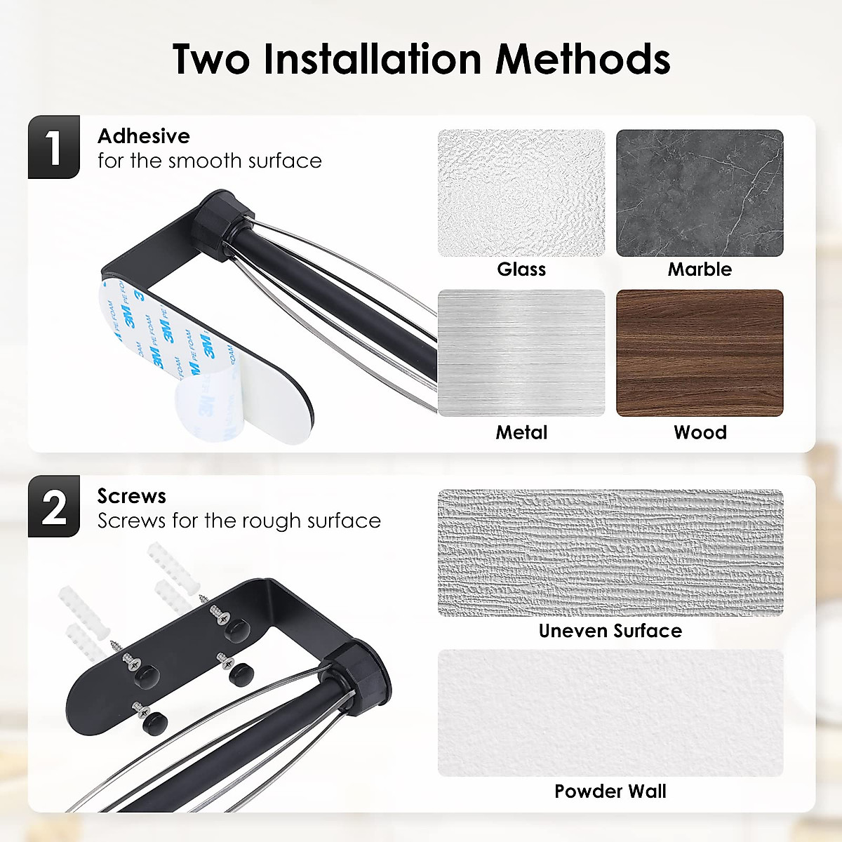 Fixwal Paper Towel Holder Under Cabinet, Single Hand Operable Wall Mount Paper Towel Holder with Damping Effect, Bend-Resistant, Self-Adhesive or Drill Mounting for Kitchen Bathroom, Black